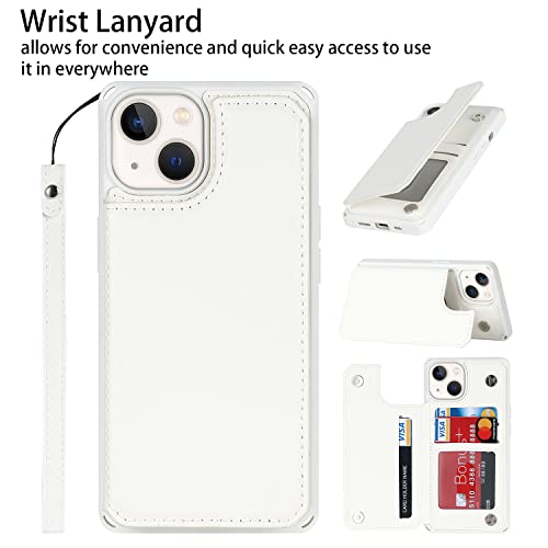 Cavor for iPhone 13 Wallet Case for Women Men,iPhone 13 Case with Card Holder,Phone Cases for iPhone 13 with Stand & Strap,Leather Credit Card Holders Shockproof Protective Cover-White