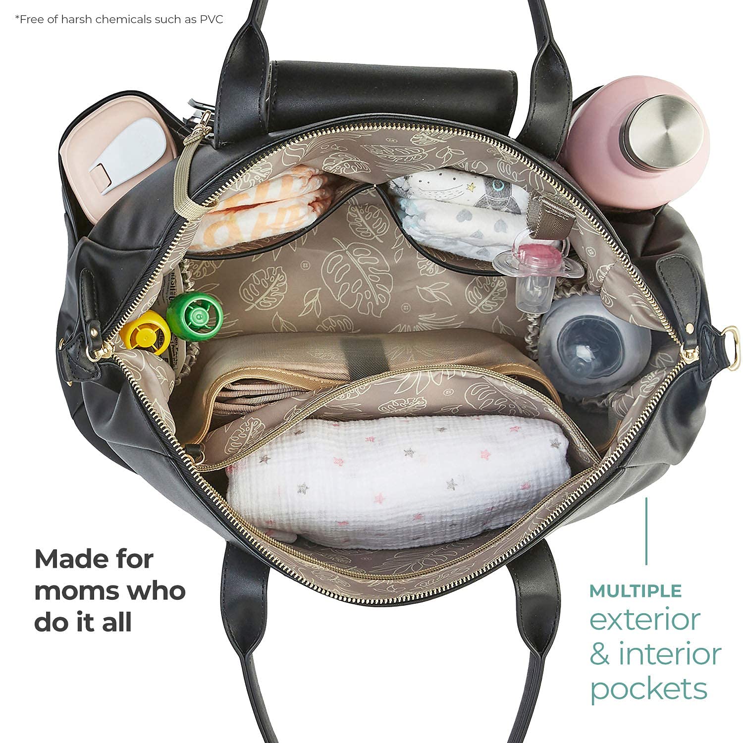 TWELVElittle Peek A Boo Vegan Leather Satchel Diaperbag - Baby Bag with Wipes Pouch, Stroller clips and Diaper Changing Mat, Black, Vegan Leather