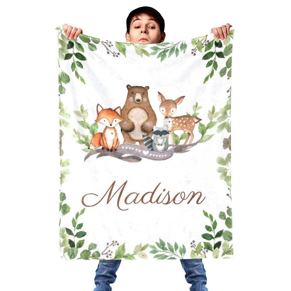 Yeshop, Woodland Forest Animals Personalized Receiving Baby Blankets for Girls Boys with Name,Customized Swaddle Blankets Gift for Newborn Crib Infants 30x40 Inches