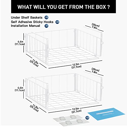 AmonHouseware 2 Pack Hanging Under Shelf Storage Basket,Adjustable Under Cabinet Add-on Storage Racks Slide-in Baskets Organizer for Laundry Room Kitchen Pantry Desk Bookshelf, White