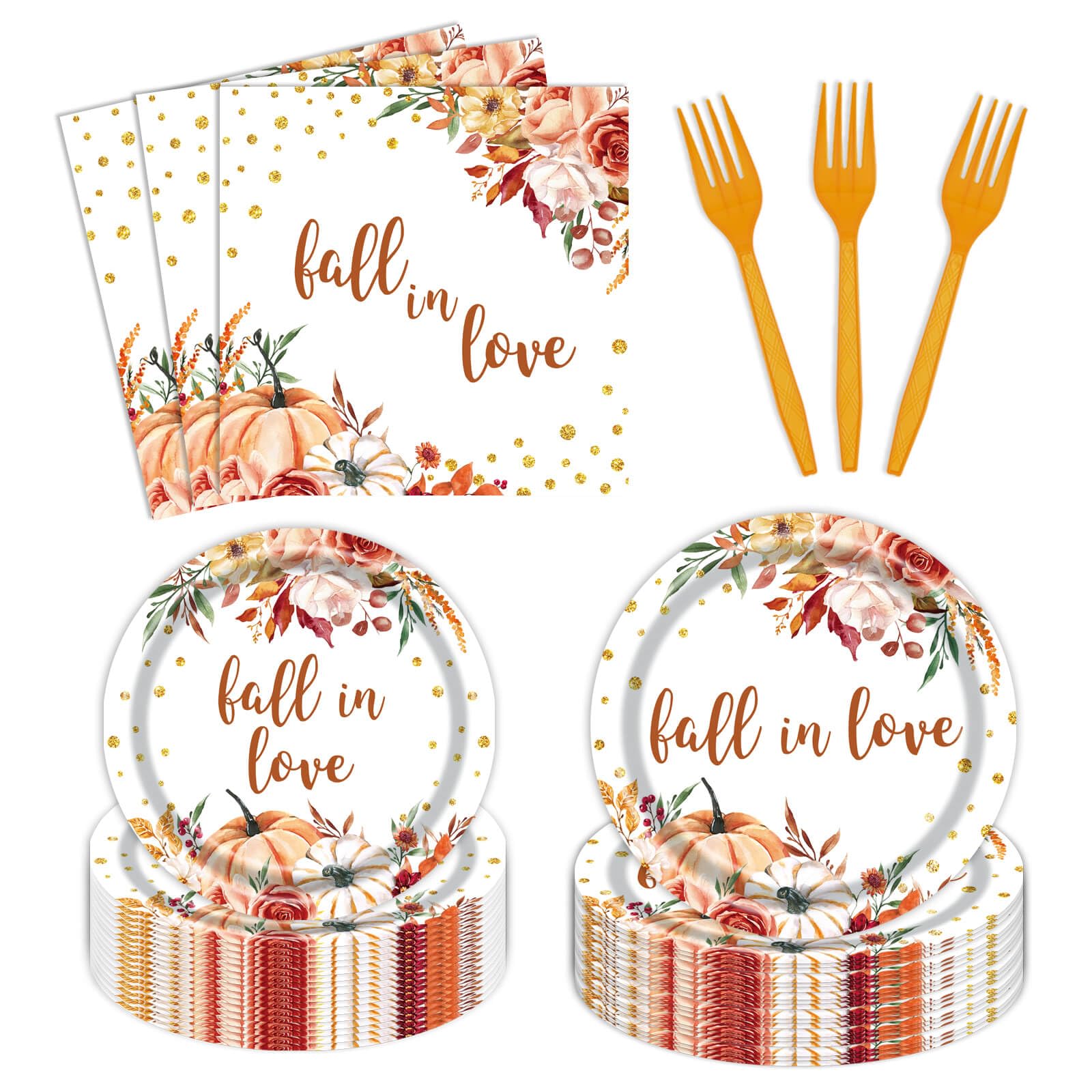 96Pcs Fall Bridal Shower Decorations Tableware Set, fall bridal shower Fall In Love Party Decorations Include Plates Napkins Forks Autumn Floral Bridal Shower Party Supplies Decorations