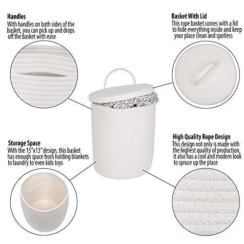 Cotton Rope Storage Basket with Lid | Large Woven Baskets and Handles 15" x 13" | for Nursery, Laundry, White Round Hamper, Home Living Room Floor, Toy Organizing bins, Blanket, Pillow and Big