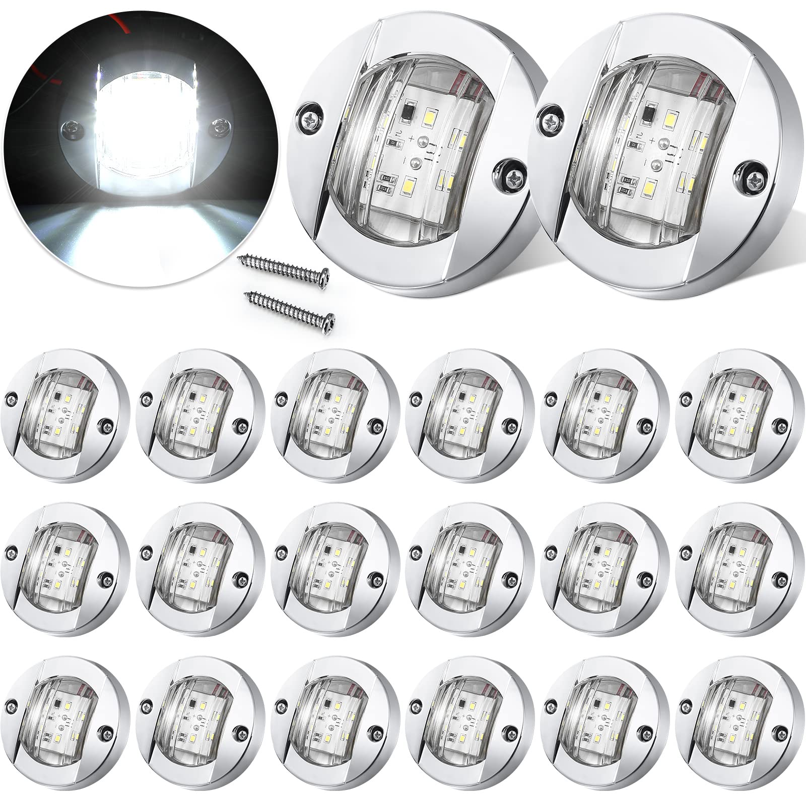 20 Pcs Marine Boat Interior Lights 12V 3 Inch Round LED Boat Deck Courtesy Light Waterproof Navigation Lights 6 LED Transom Mount Stern Anchor Light Surface Mount (White)