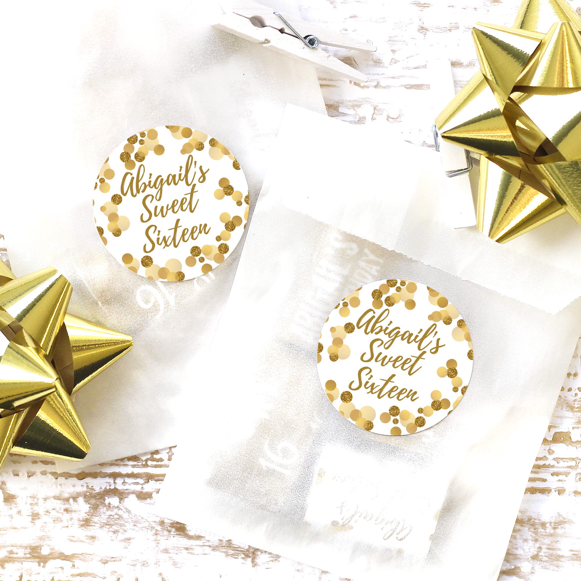 Personalized White and Gold Sweet 16 Birthday Party Favor Stickers with Name - Custom Envelope Seals, Bag Stickers - 1.75 in. Round - 40 Labels