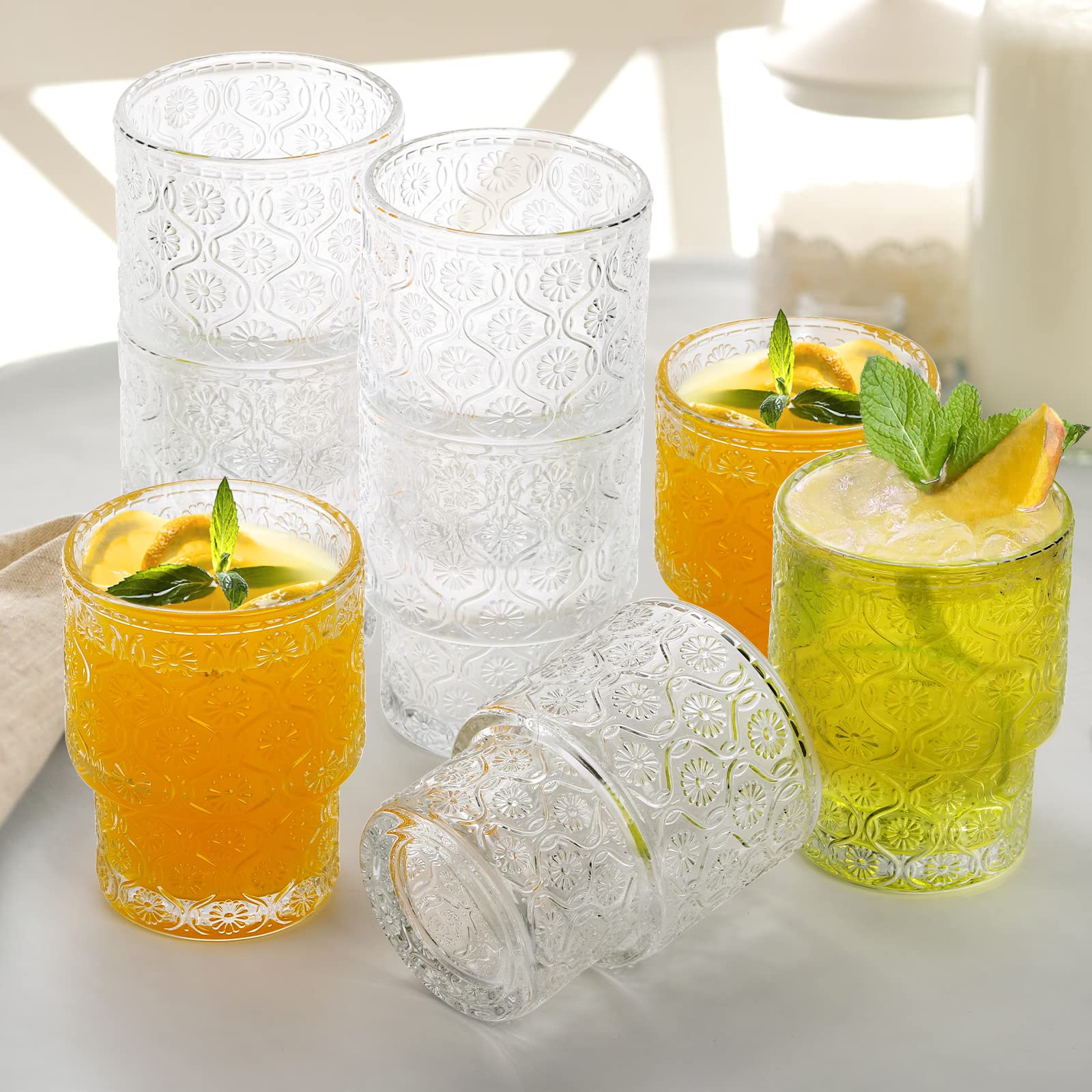 AVLA 8 Pack Vintage Drinking Glassware, 7 oz Romantic Water Juice Glass Tumbler Cup, Clear Stackable Coffee Cocktail Bar Drinkware for Beverages, Tea, Milk, Yogurt, Whiskey, Embossed Floral Pattern