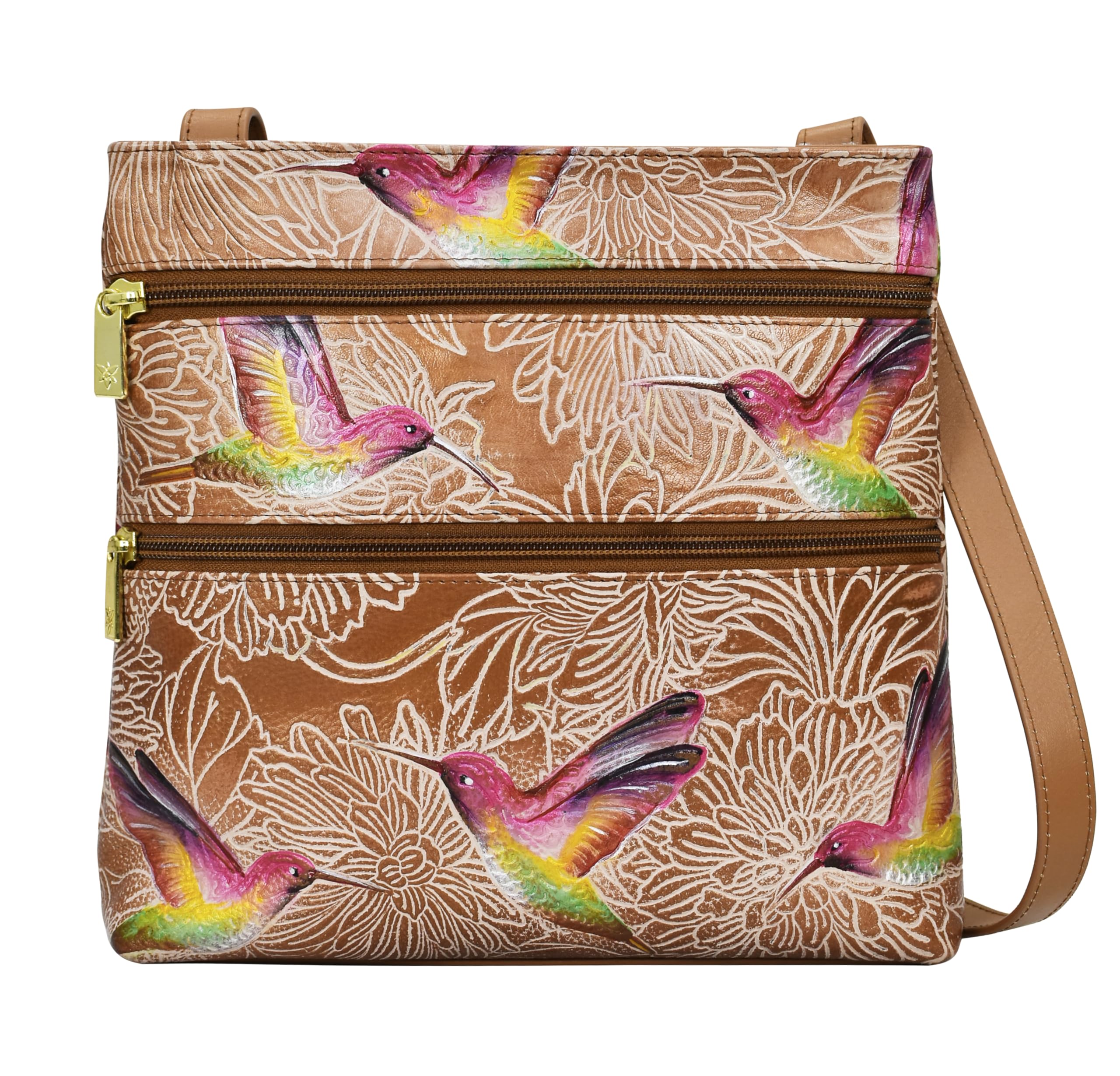 Anuschka Womenâs Hand-Painted Genuine Leather Medium Crossbody With Double Zip Pockets - Bel Fiori