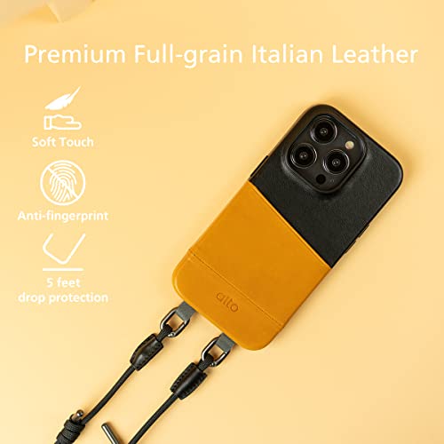 alto Crossbody Leather Case Designed for iPhone 14 Pro Max, Anello Drop Protective Italian Leather Card Wallet Case with Detachable Lanyard Strap (6.7 inch, iPhone 14 Pro Max, Brown and Black)
