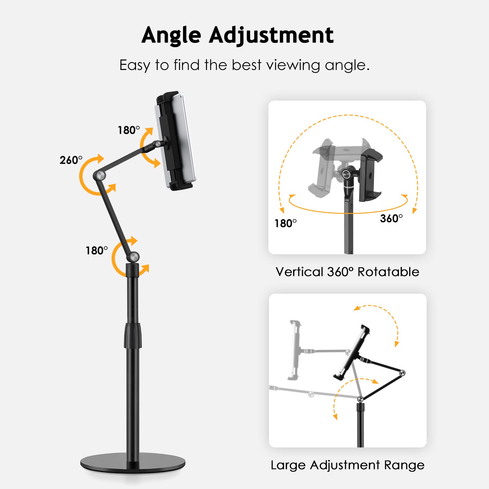 SupeDesk Phone Stand Overhead Recording Stand, Adjustable Cell Phone Holder, Multiangle, 3-Part Adujustable,Horizontal Recording Stand, Compatible with 3.5-11" Phone/iPad Mini/iPhone, Black