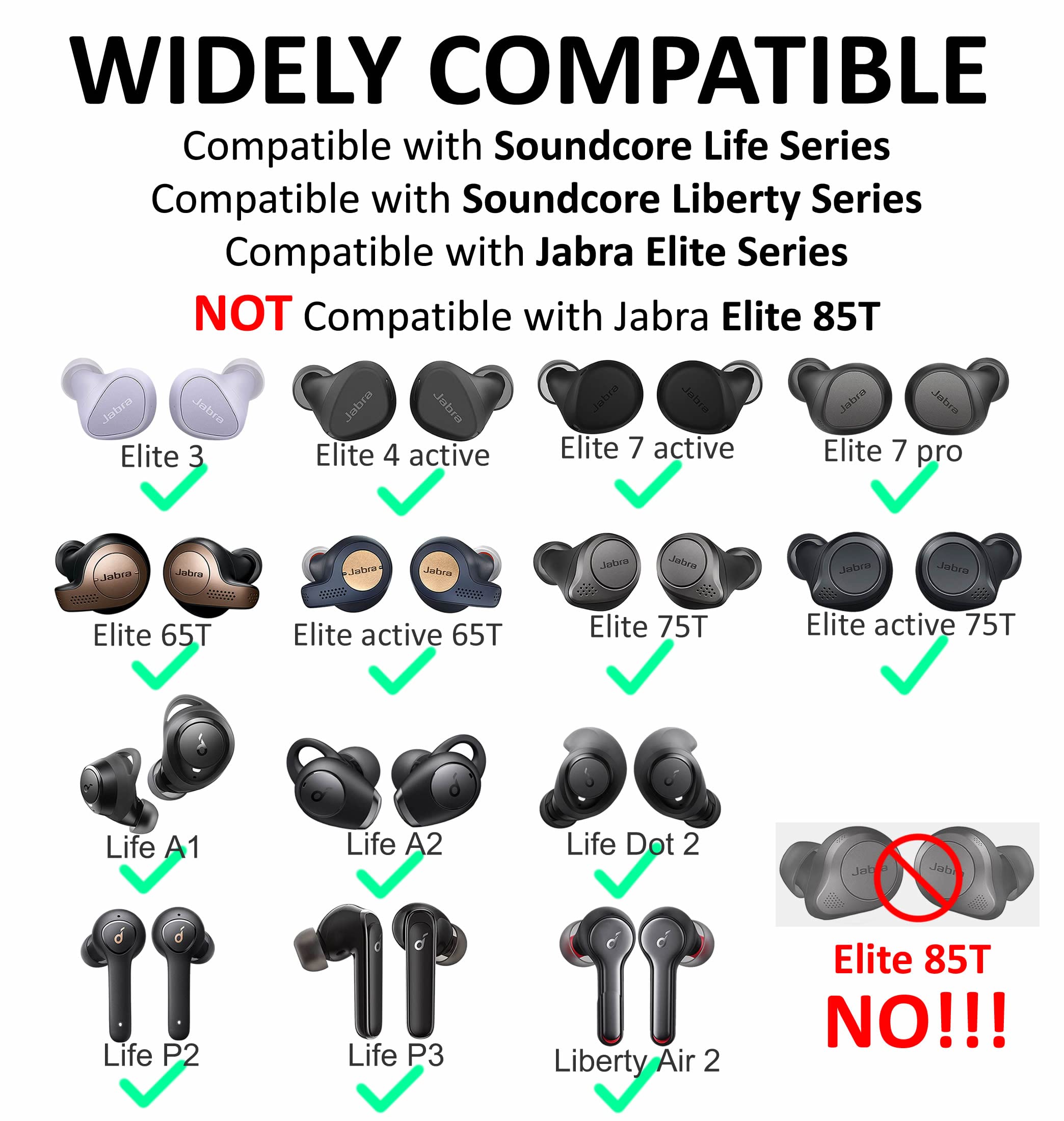 A-Focus [12 Pairs] Compatible with Anker Soundcore Life & Liberty Series Ear Tips, L/M/S Inner Hole 4mm Replacement Silicone Earbuds Gel Compatible with Jabra Elite 3/7 / 65T / 75T, 512 Gray