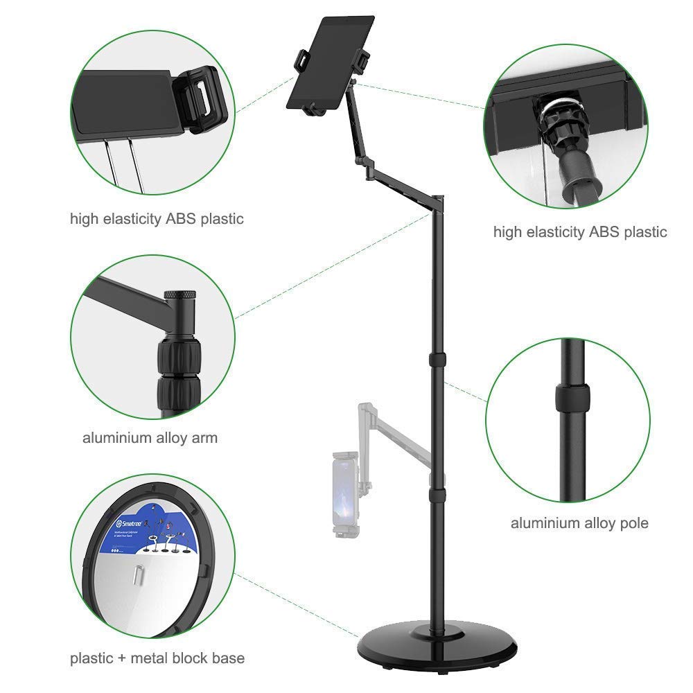Smatree Tablet Floor Stand, 360 Degree Rotating with Height Adjustable Stand Compatible with 9-13 inch Ipad Pro/Air/Mini 2024, 12.4-11 inch Samsung Galaxy Tab S10/S9/S8, Surface Pro 11, eBook Reader