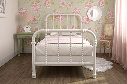 DHP Jenny Lind Kids Metal Bed Frame with Country Chic Headboard and Footboard, Underbed Storage Space for Toys, Twin, White