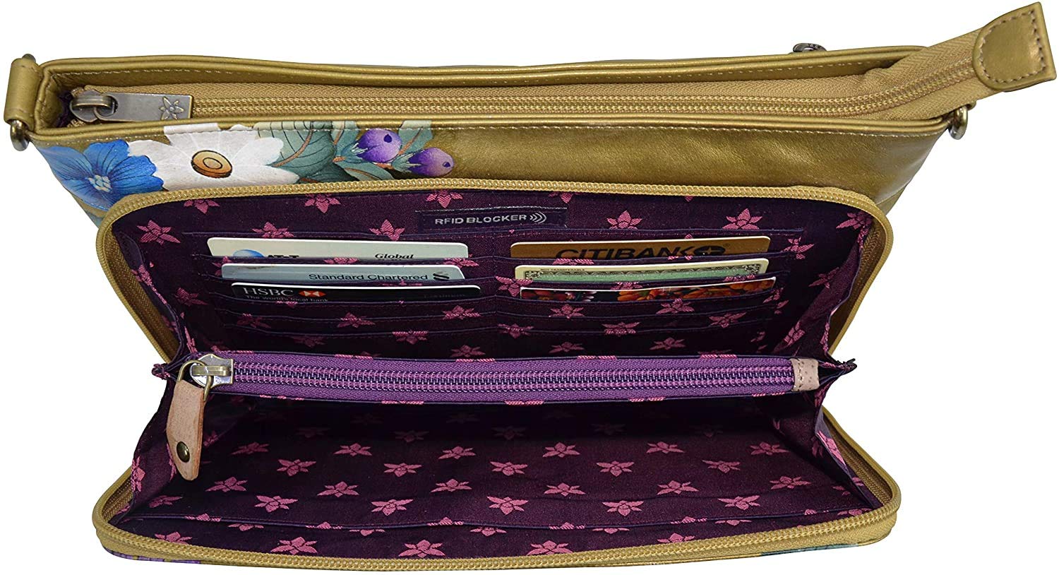 Anuschka Women’s Genuine Leather Shoulder Organiser - Hand Painted Exterior - Dreamy Floral