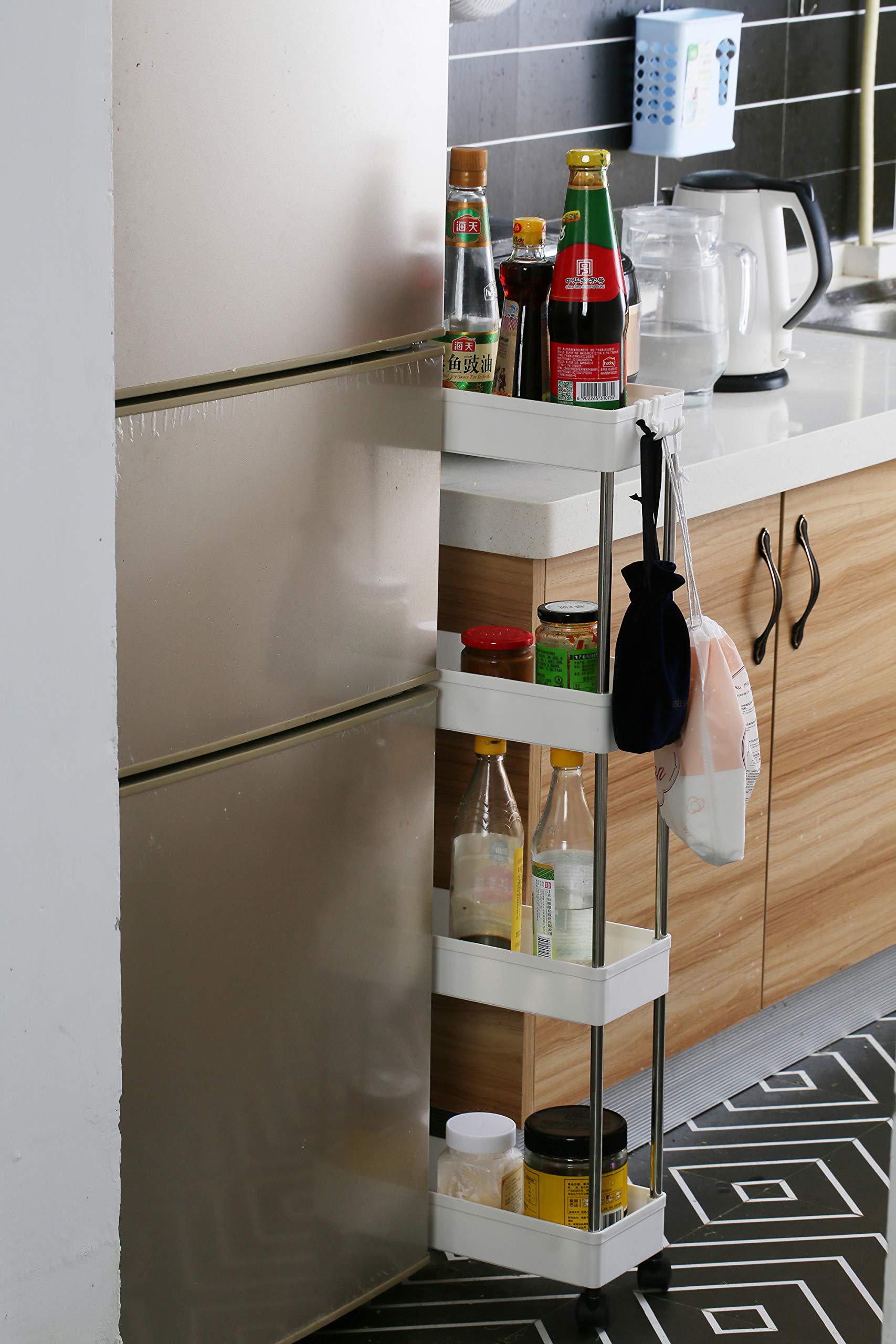 4 Tier Slim Storage Cart, Mobile Narrow Rolling Cart with Wheels, Conveniently Slide Out Organizer Shelf Cart for Kitchen Bathroom Pantry Laundry Narrow Space - Plastic (White)…