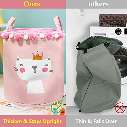 Cute Babys Laundry Basket - Kids Laundry Hamper for Girls, (Cat) Collapsible Thicken Durable Toys Organizer Storage Round Baskets and Nursery Bedroom Decor (Pink)