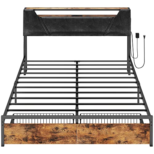 IRONCK Queen Bed Frame with Drawers, Ergonomic Storage Headboard with Charging Station, LED Light, Solid and Stable, No Box Spring Needed