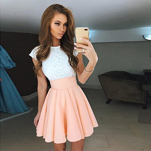 A-Line Pleated Dress for Women Splicing Short Sleeve Crew Neck Lace High Waisted Mini Dress Khaki