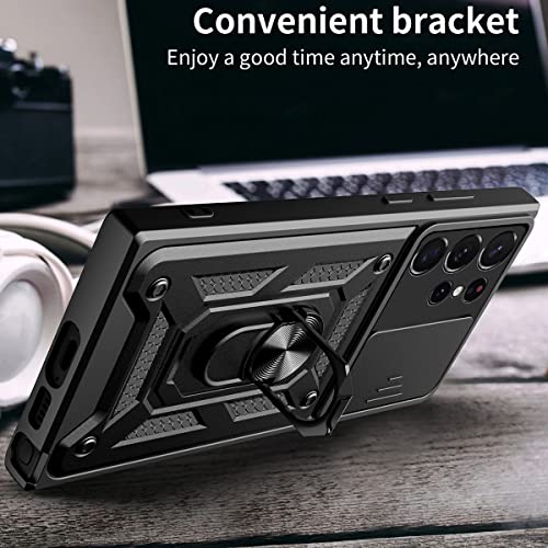 CCSmall Case for Samsung Galaxy S23 Ultra (Not S23) with Slide Camera Cover, Military Grade Drop Protective Phone Cover Case with Ring Kickstand for Samsung Galaxy S23 Ultra 5G SJ Green