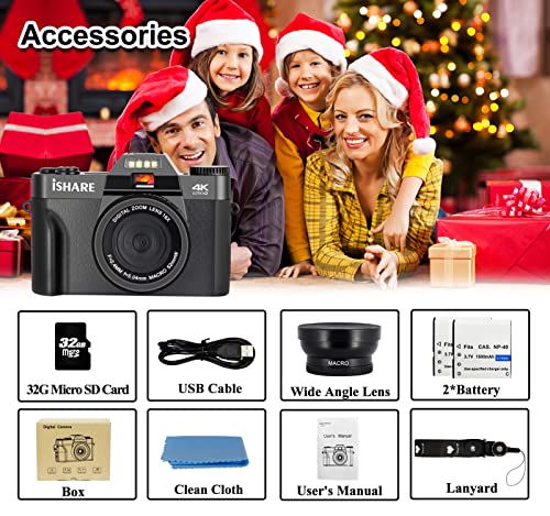 ISHARE Digital Camera for Photography 48MP Vlogging Camera, 4K Video Camera for YouTube with WiFi, 3.0 Inch Flip Screen, 16X Digital Zoom Camcorder with 32GB Micro Card