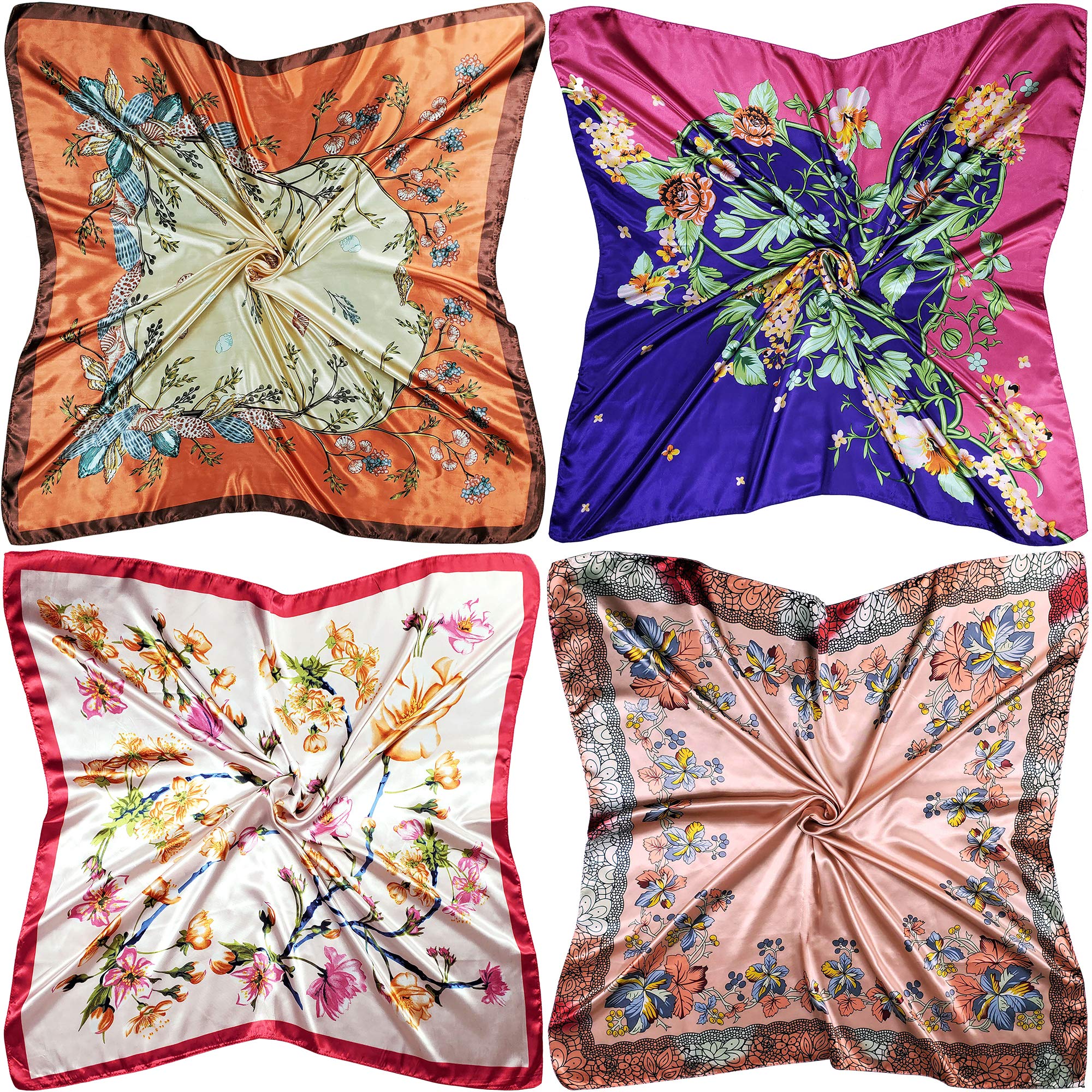 4 Pc Set Large 35 x 35 inches Satin Square Scarves Neck Hair Head Scarf Bundle (Set A)