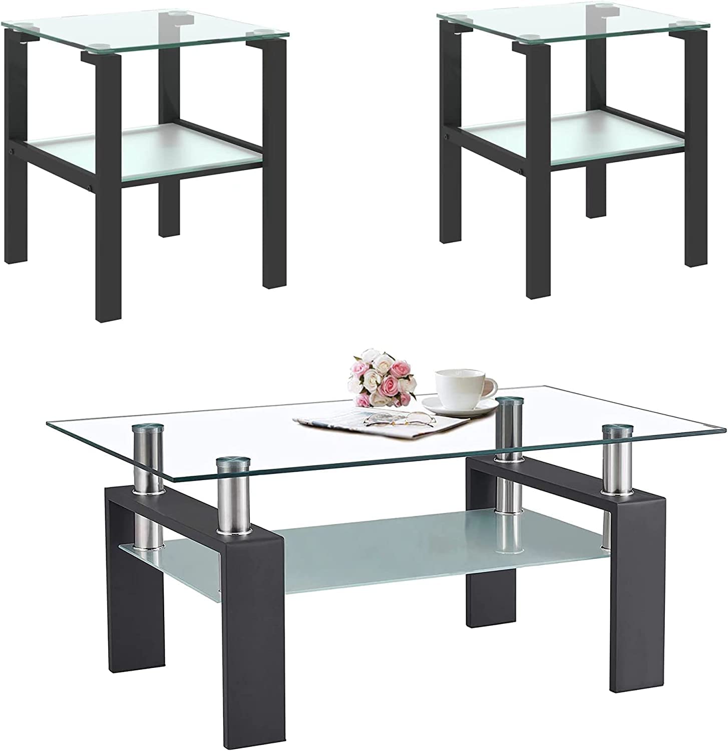 POULEII Living Room Table Set,3 Piece Glass Coffee and End Tables Set for Room,Coffee with Tempered Tabletop Metal Frame Apartment, Small Space Black