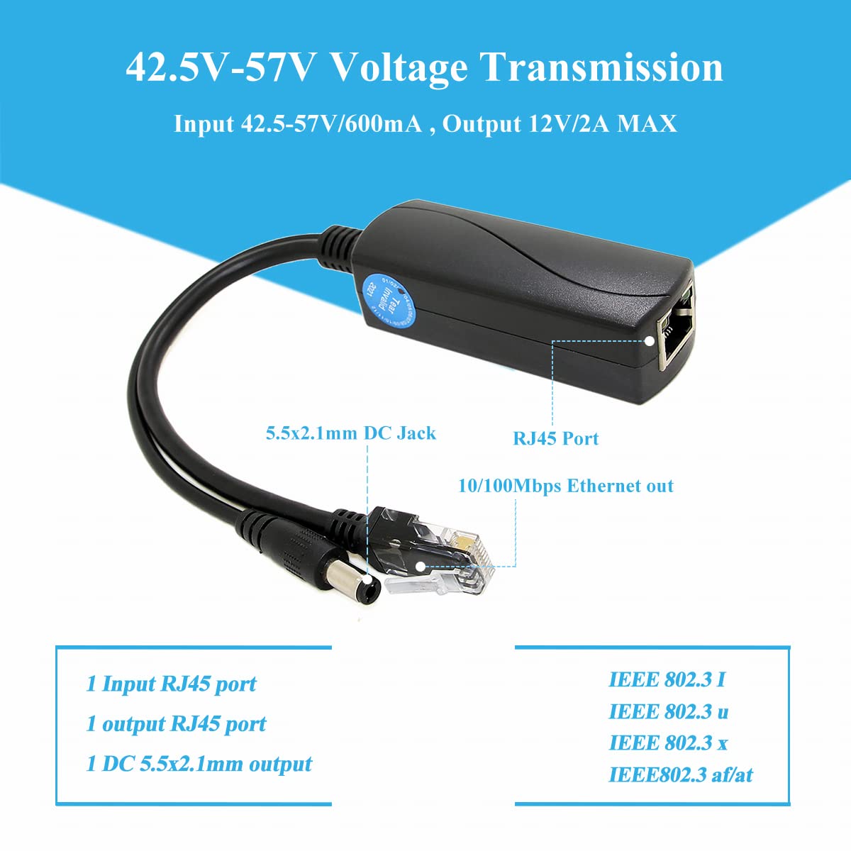 REVODATA Active PoE Splitter 12V 2A Output, IEEE 802.3af/at Standard 10/100Mbps Power Over Ethernet Splitter for Security IP Camera DC Jack (PS5712AT Black)