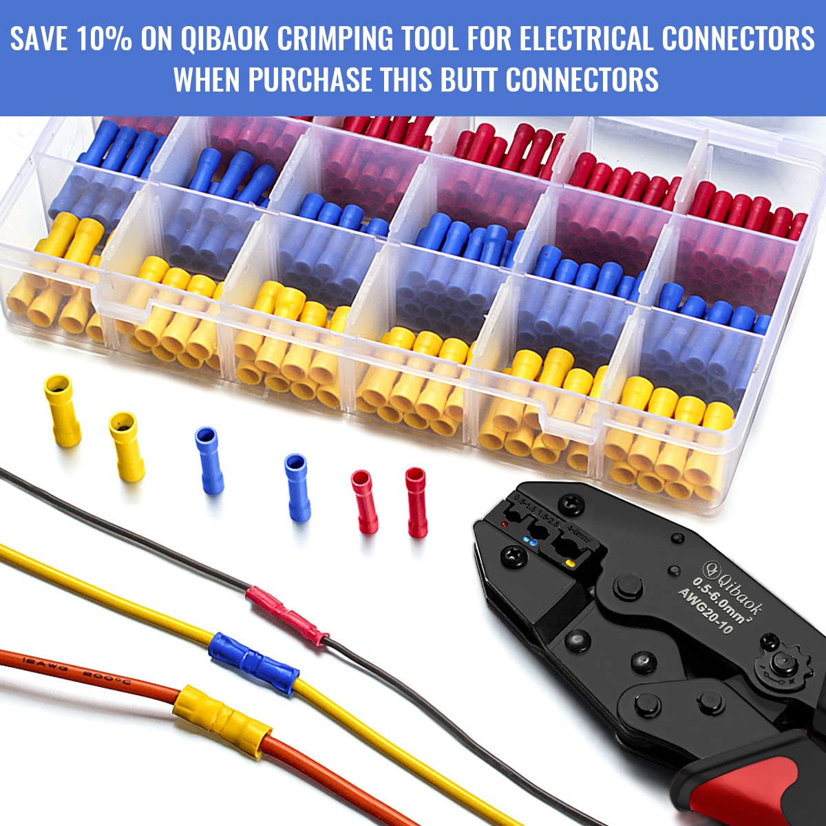 Qibaok 300 PCS Butt Splice Crimp Connectors Insulated Electrical Straight Wire Terminal Connectors 10-22AWG
