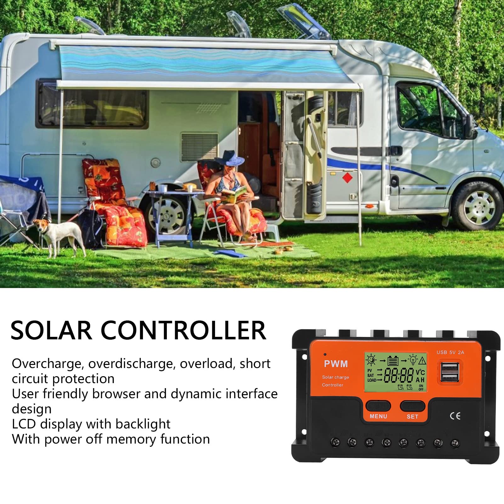 60A Solar Charge Controller PWM Charging LCD Display with 2 USB 5V Output 12V 24V 48V - Solar Panels, Charge Controllers for Solar Panels