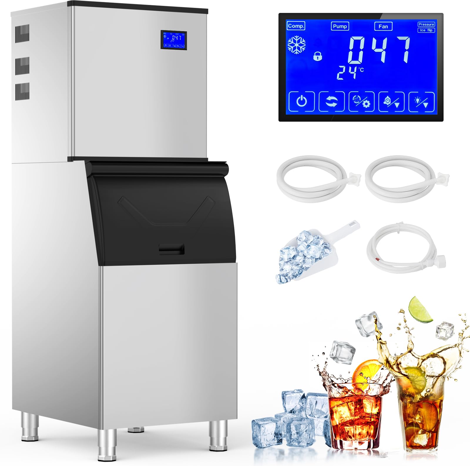 350Lbs/24H Commercial Ice Maker Machine, Pro Compressor&ETL Approval, Industrial Ice Machine, 250Lbs Storage Bin, 700W Auto Self-Cleaning, Stainless Steel Ice Maker for Bar/Cafe/Restaurant/Business