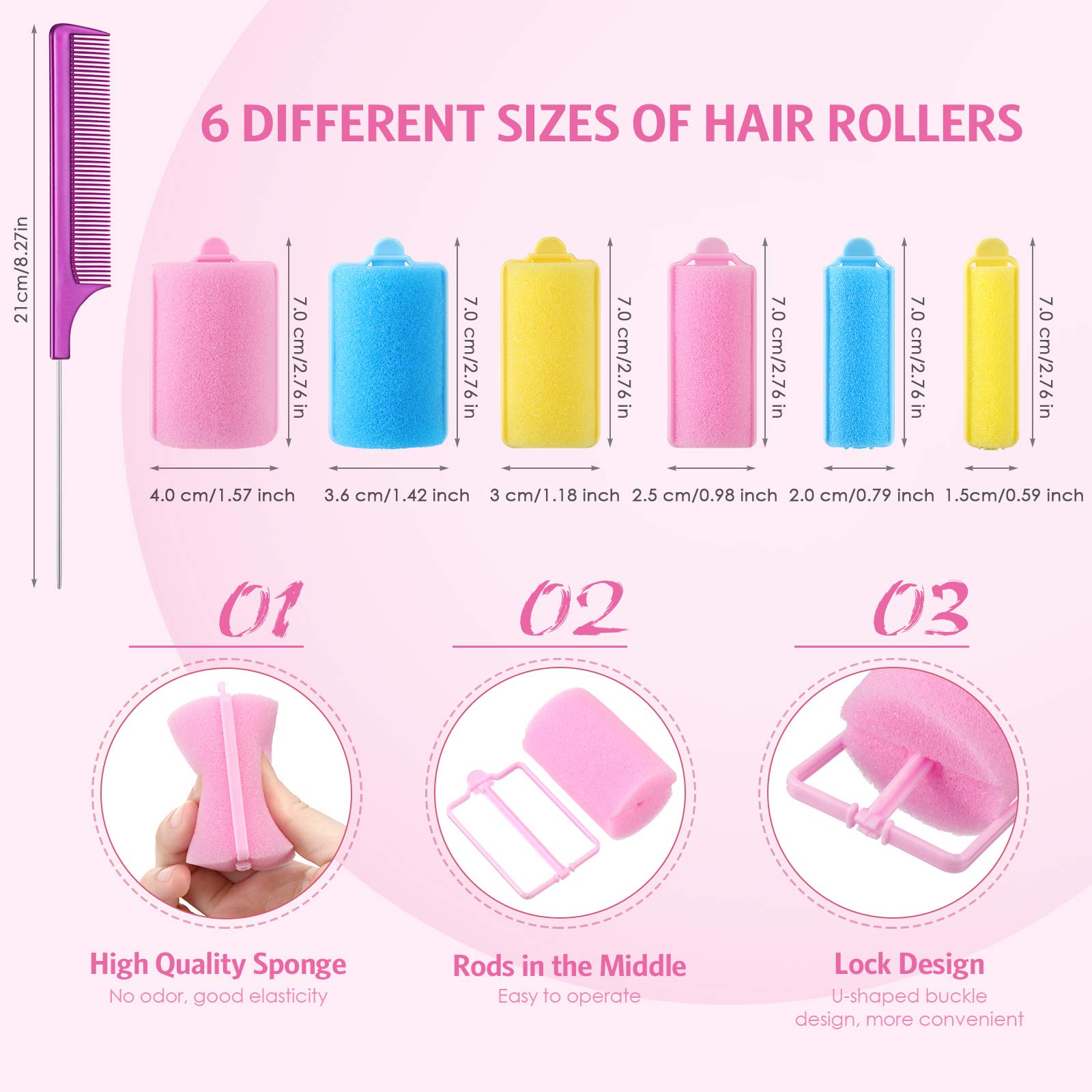 Syhood 56 Pcs Foam Sponge Hair Rollers Soft Sleeping Curler 6 Sizes Flexible Hairdressing Sponge Curler Rat Tail Comb for Hair Styling(Mixed Color)