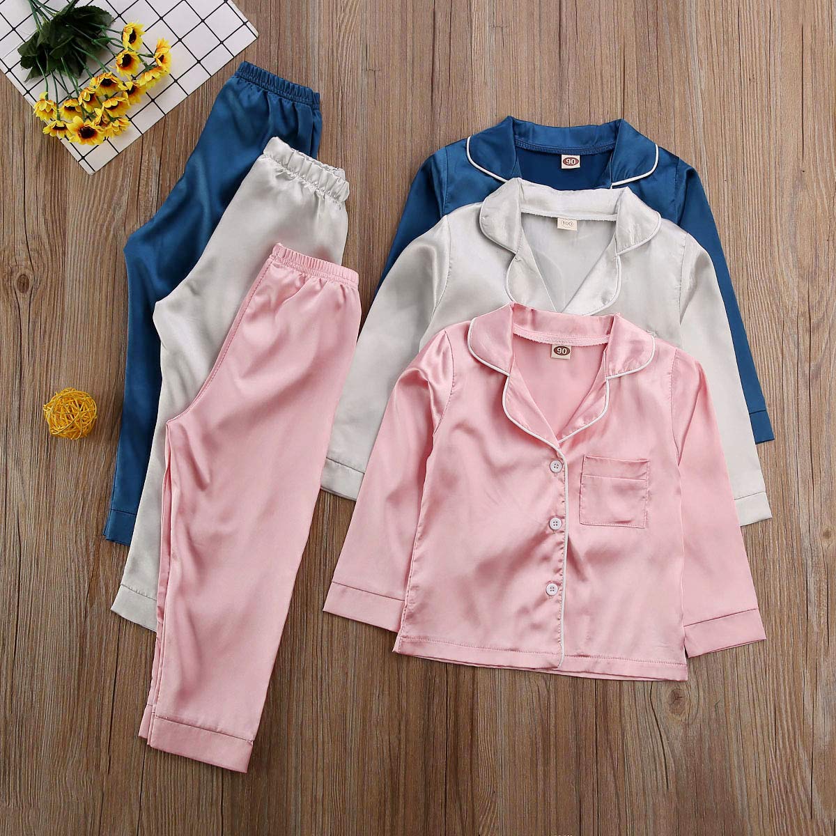 Toddler Baby Kids Satin Pajamas Set, Long Sleeve Button-Down Sleepwear PJs for Girls (3Y, A-Pink)