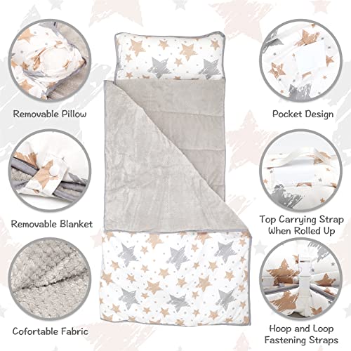 Dad-Baby Toddler Sleeping Bag,Toddler Nap Mat with Removable Blanket and Pillow,Extra Large Rolled Napping Mats,Kids Sleeping Bag for Daycare, Preschool Travel Camping (Stars Pattern)