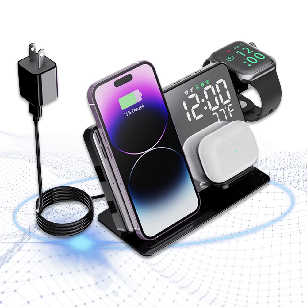 4-in-1 Wireless Charging Station for Apple Devices, 18W Fast Charge Wireless Charger with Alarm Clock and Temperature Display, Wireless Charger Stand for iPhone 14 13 12, Apple Watch & AirPods
