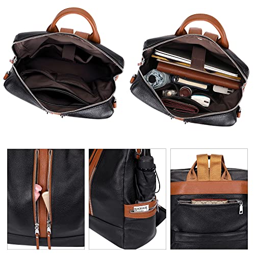 ALTOSY Genuine Leather Backpack Purse for Women Convertible Shoulder Bag Crossbody Bag with Laptop Compartment(S77 Black/Brown)