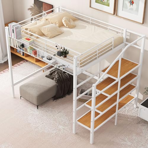 Full Size Loft Bed with Stairs, Metal Loft Bed Frame with Storage Steps, Heavy-Duty High Loft Bed with Grid Shelf for Kids Teens Adults, White