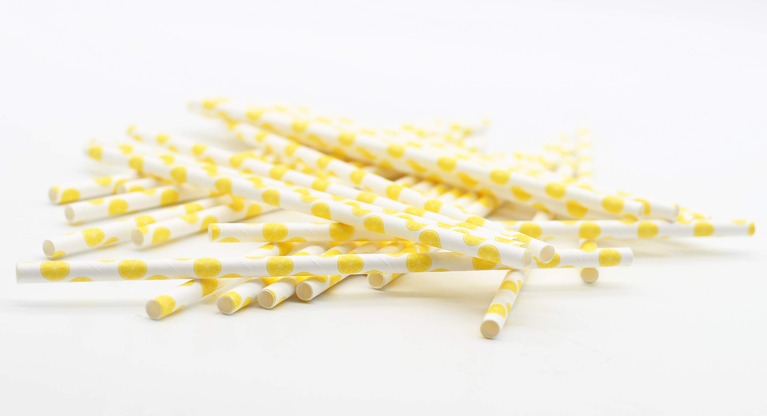50-Pack Biodegradable Paper Drinking Straws for Party Supplies Bridal/Baby Shower Wedding Decorations, Bulk Paper Straws for Juices, Shakes, Smoothies, Lemon Theme