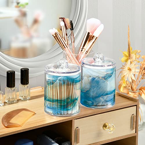 ALAZA 2 Pack Qtip Holder Dispenser Teal Turquoise Marble Bathroom Organizer Canisters for Cotton Balls/Swabs/Pads/Floss,Blue Marble Plastic Apothecary Jars for Vanity