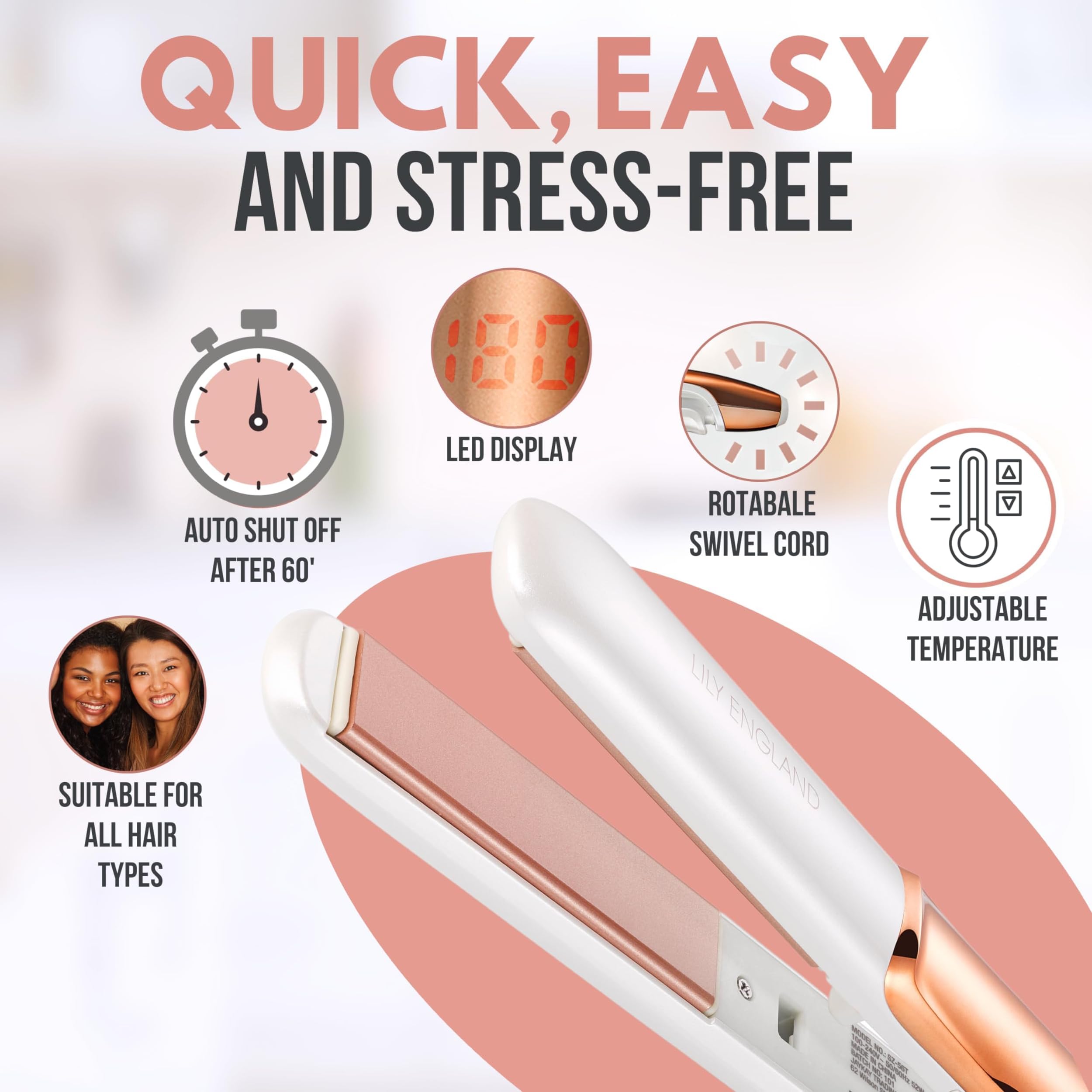 Lily England Hair Straightener and Curler, Adjustable Temperature, Dual Voltage 1 Inch Ceramic Rose Gold Flat Iron, Hair Straightener Curling Iron in One