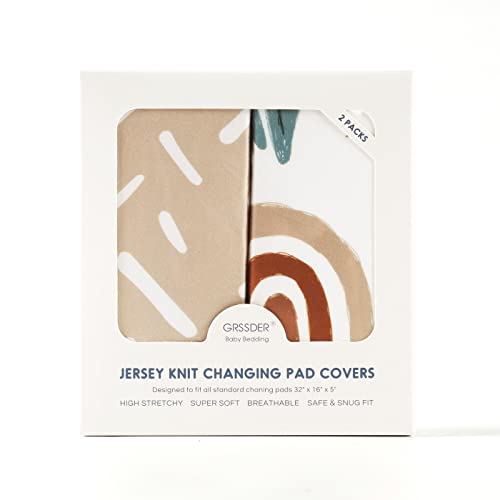 GRSSDER Stretch Ultra Soft Jersey Knit Changing Pad Cover Set 2 Pack,Change Table Pad Covers Fit 32"/34" x 16" Pads Safe and Snug,Stylish Cute Rainbow Print for Baby