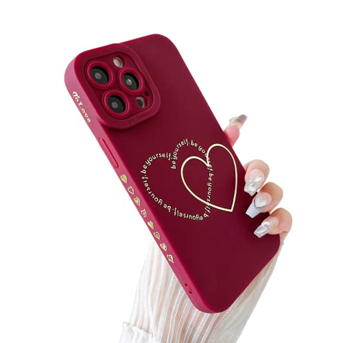 Ankofave iPhone 12 Pro Max Case for Women, Gold Plated Letter & Double Heart Design, Soft Shockproof Camera Lens Protection - Red Wine