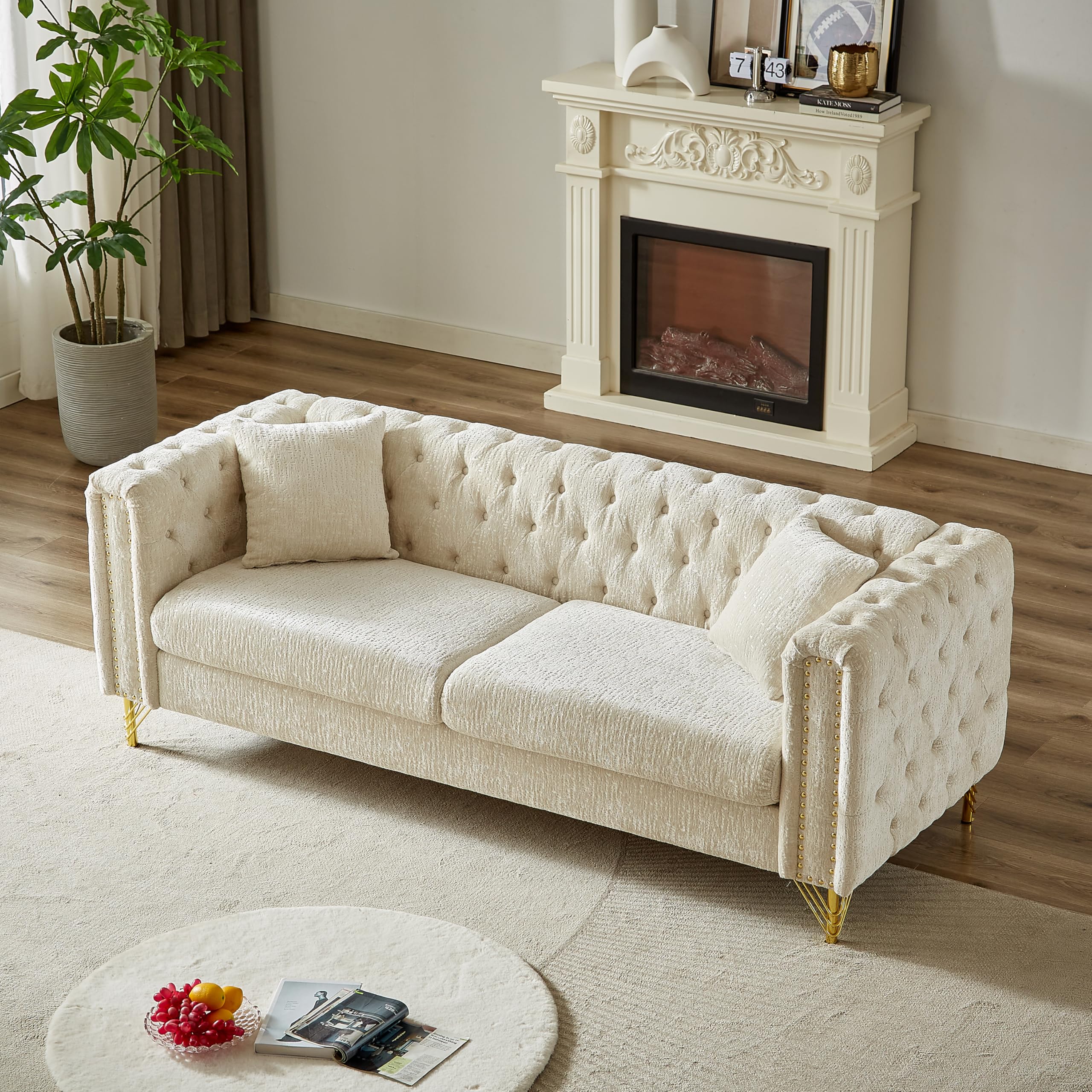 82 Inch Modern Living Room Chenille Sofa,Extra Deep Seats Sofa With Copper Nail Decoration Armrest,Chenille Pull Buckle Design Sofa,Comfy Loveseat Sofa with Metal Legs, Easy to Install(Beige)