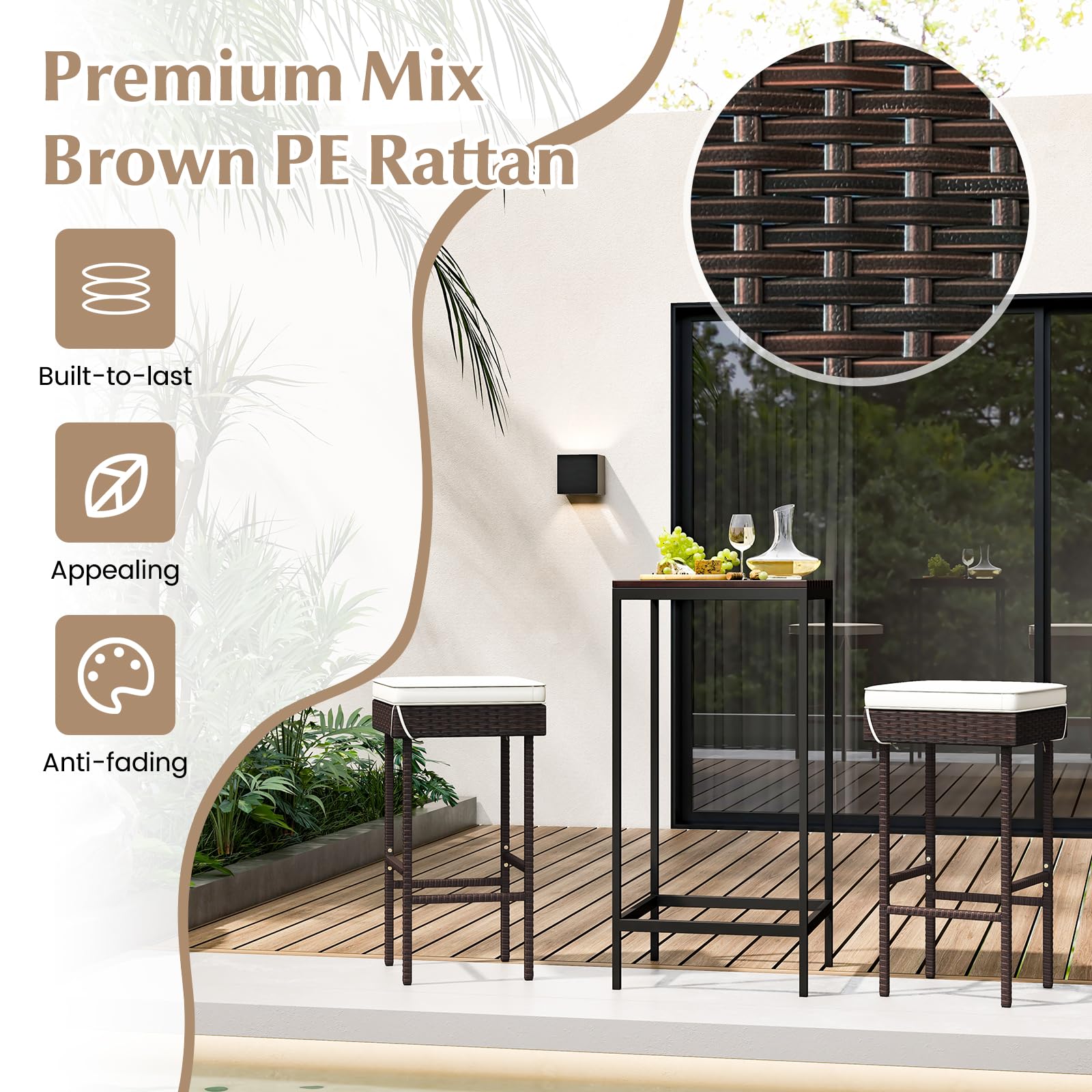 HAPPYGRILL Patio Bar Stools Set of 2, Outdoor Rattan Bar Chairs with Cushion, Sturdy Steel Frame and Footrests, PE Wicker Bar Stools for Backyard Poolside Garden