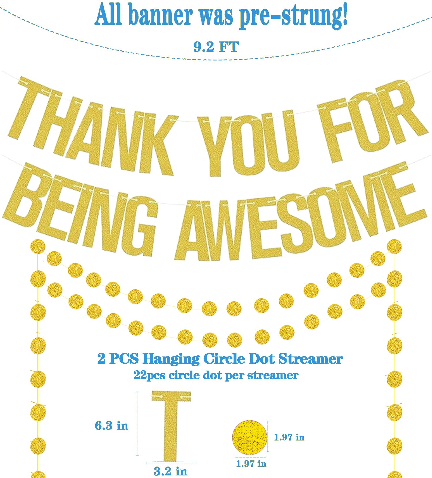 Pre-Strung Thank You for Being Awesome Gold Glitter Banner,NO NEED DIY Cute Banner Sign with 2PCS Hanging Circle Dot Streamer for Graduation Retirement Going Away Office Work Job Change Goodbye Party