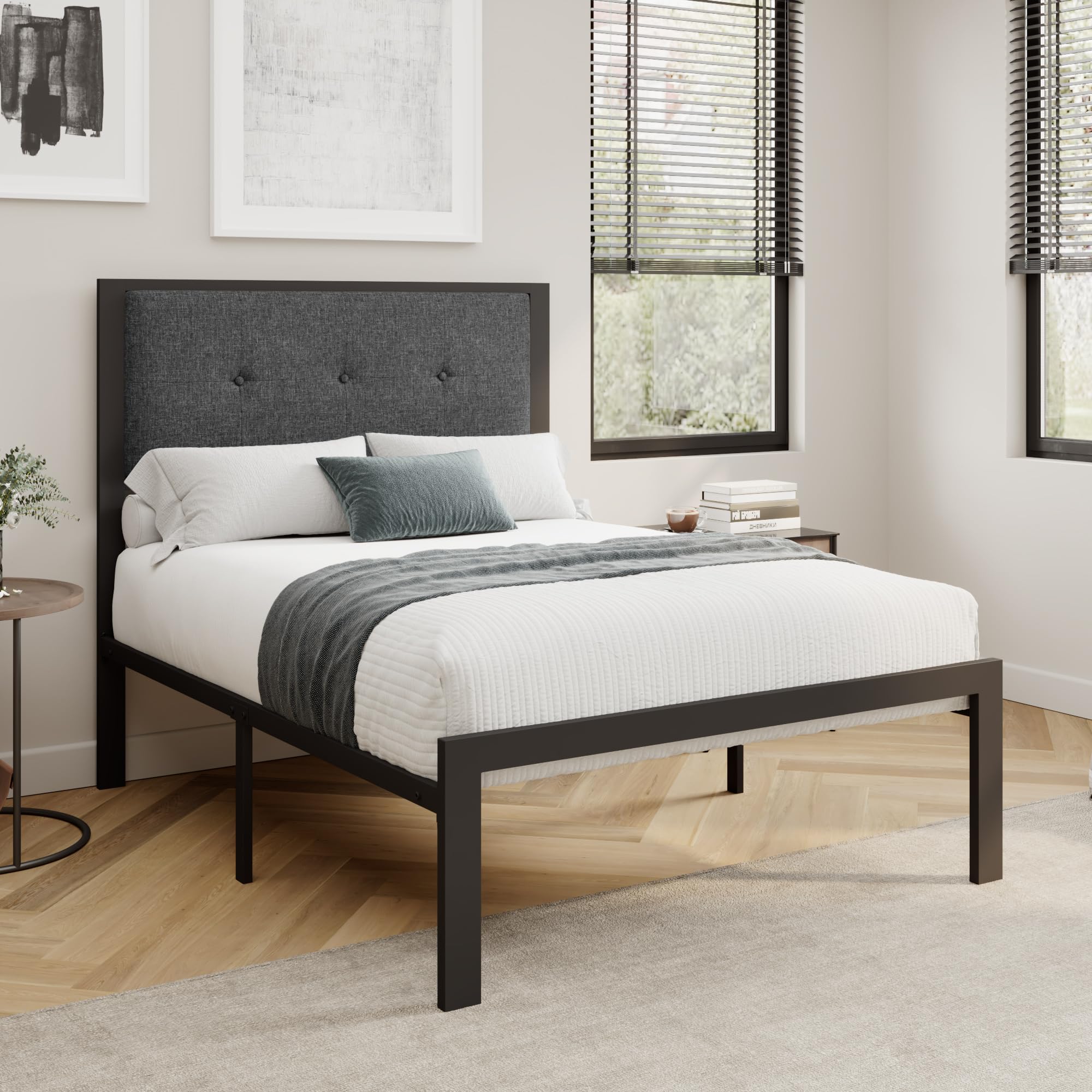 Allewie Twin Bed Frames with Upholstered Button Tufted Headboard for Kids, Platform Bed Frame with 12.4β Underbed Storage, No Box Spring Needed, Noise Free, Grey.