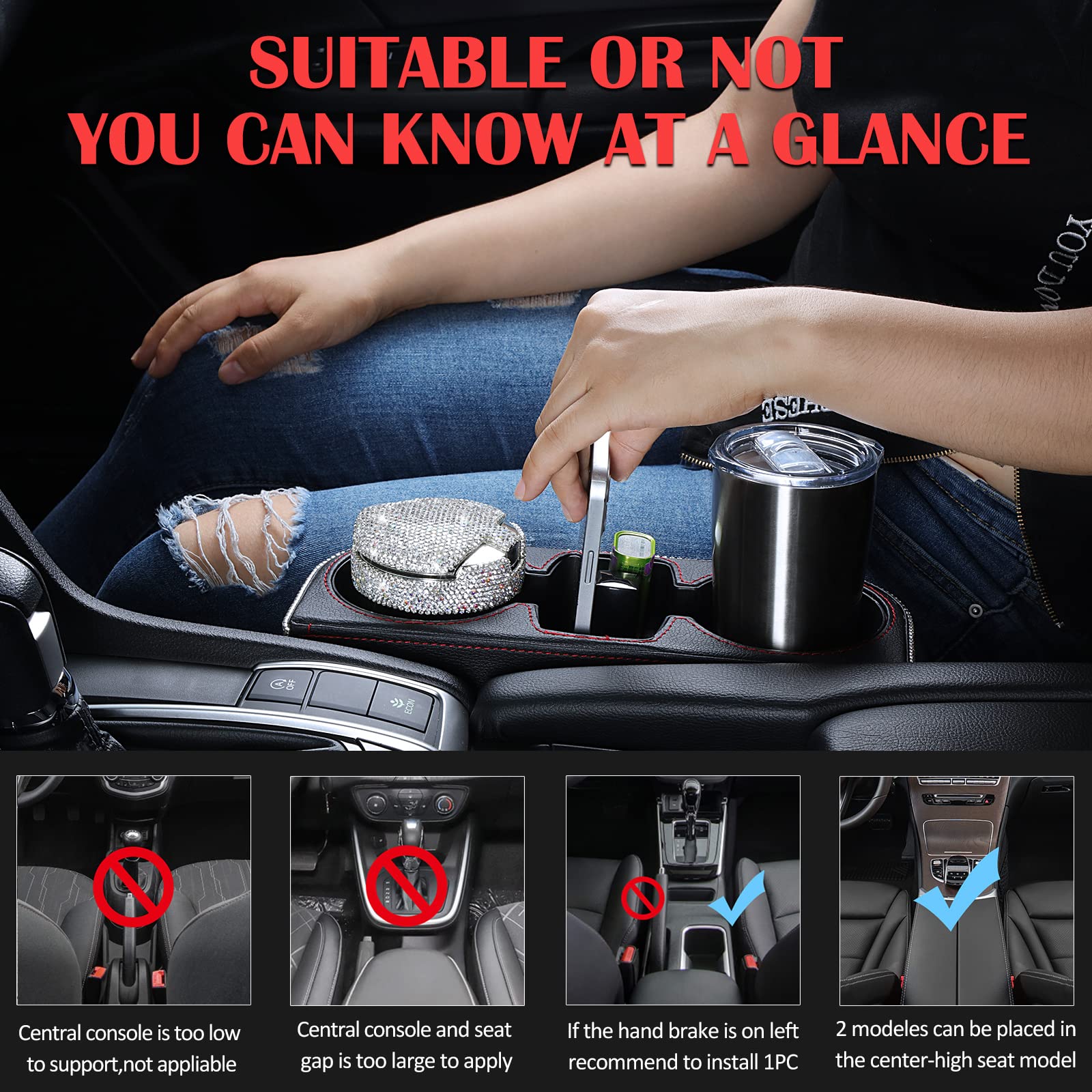 Drink Holder Console Side Pocket,Auto Front Seat Organizer Car Console and Seat Gap Cup/Mobile Phone Holder Storage Box,Large Capacity with 3 Cup Holders,1 - Pack