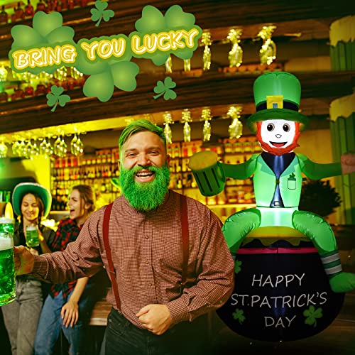 6ft St. Patrick's Day Inflatables Blow Up Outdoor Decorations Leprechaun on Pot of Gold with Beer and Clover Yard Decoration Built-in Led and Fan