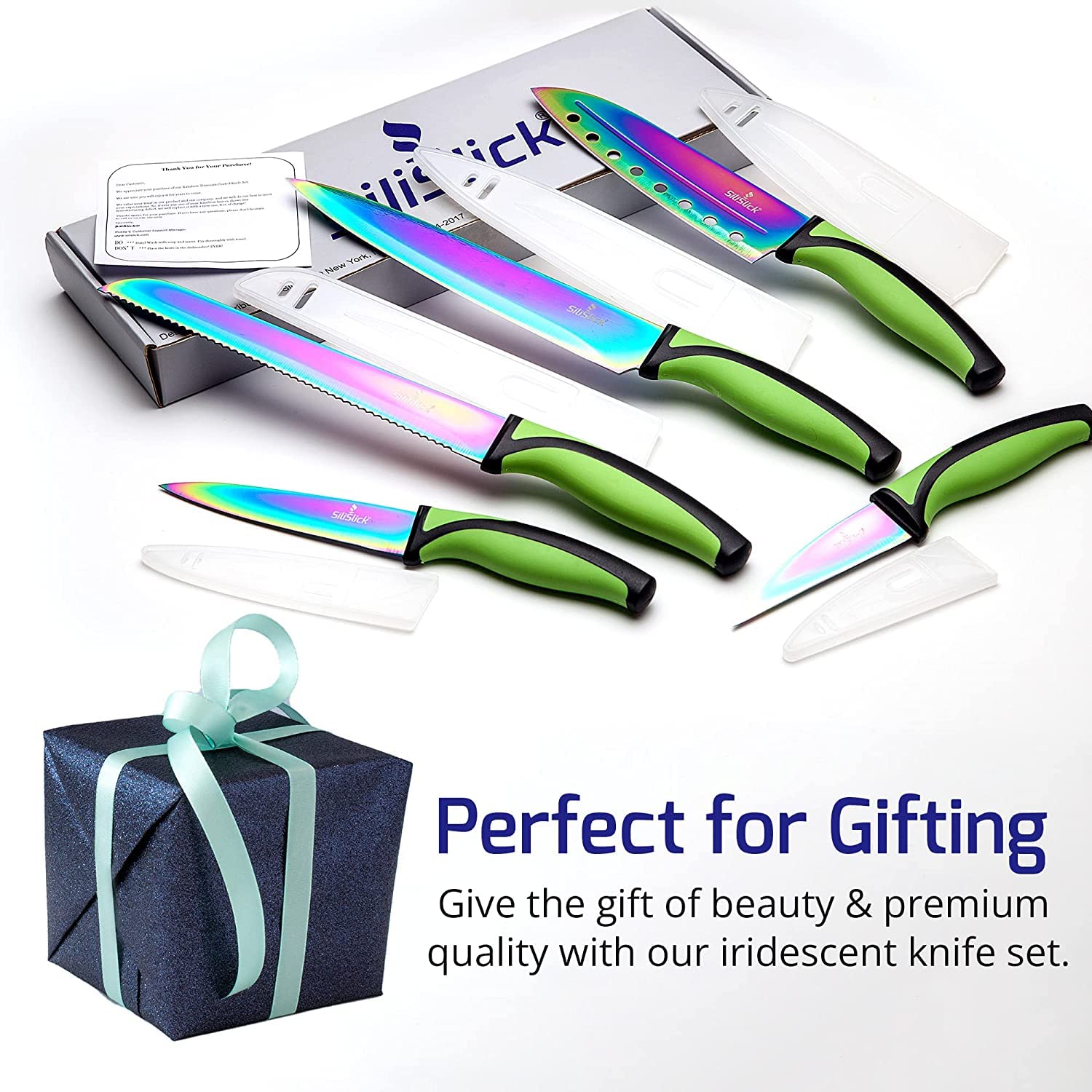 Titanium Coated Rainbow Knife Set – Sharp Stainless Steel Kitchen Knives with Chef, Bread, Santoku, Paring, & Utility Knives, Includes Covers – Iridescent Kitchen Accessories