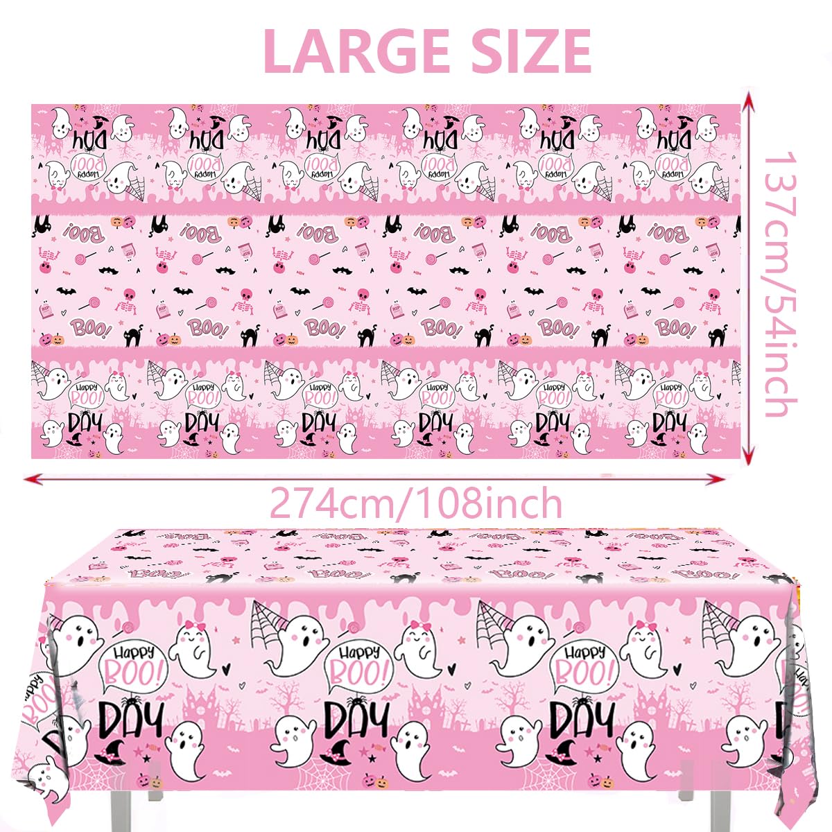 3Pack Pink Happy Boo Day Tablecloths,Halloween Party Tablecloths Disposable Pumpkin Ghost Theme Table Cover for Halloween Birthday Party Supplies
