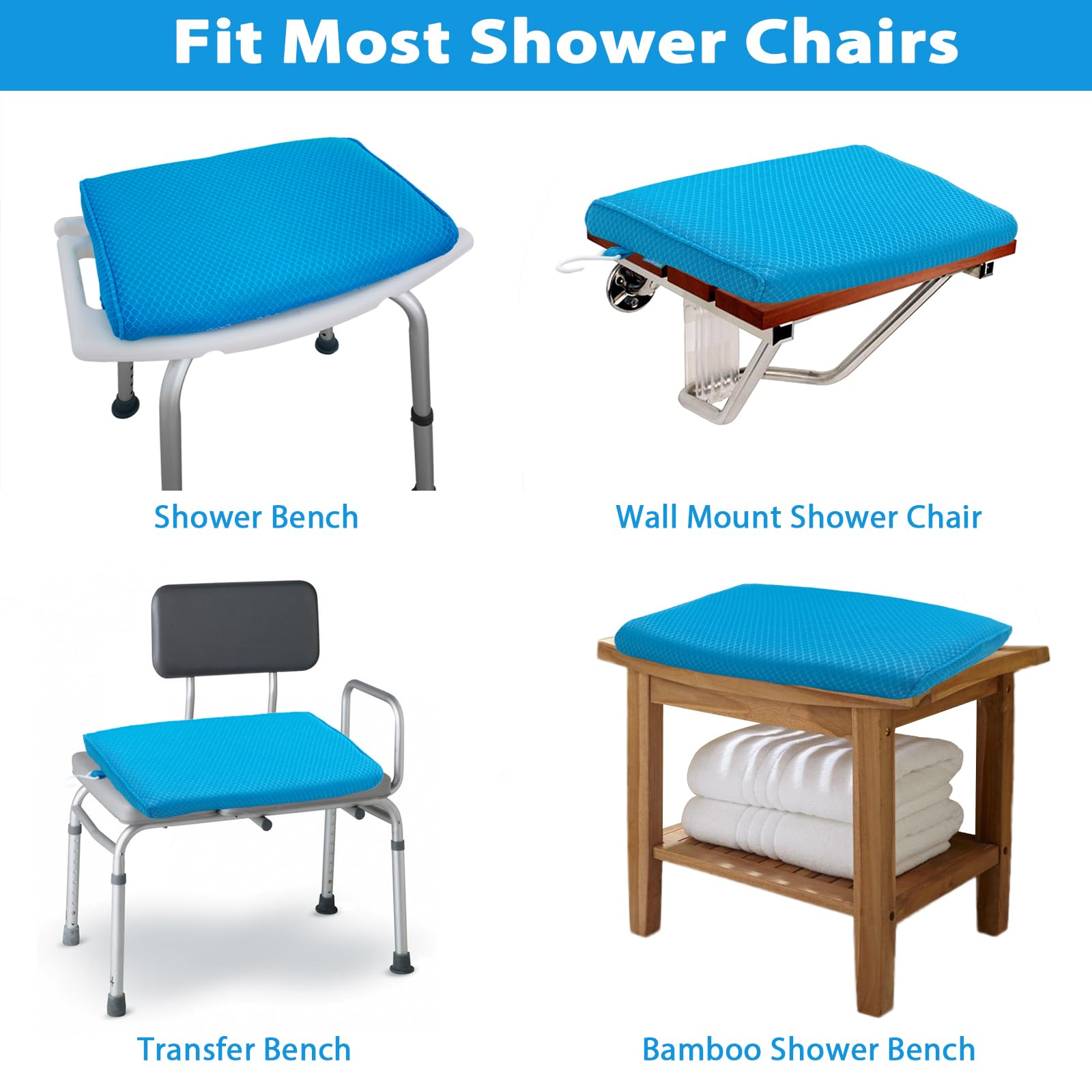 AEROiVi Shower Seat Cushion for Shower Chairs, Transfer Benches in Bathtub, Cushion for Sauna, 3D Mesh Pad with Hook, Slip-Resistant, Design for Elderly, Senior, Handicap & Disabled