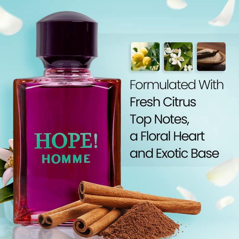 NovoGlow Hope Homme for Men - 100ml Eau De Parfum Spray for Men - Spicy Floral & Intense Fragrance Warm Scent Lasts All Day Long Includes Carrying Pouch Gift for Men for All Occasions