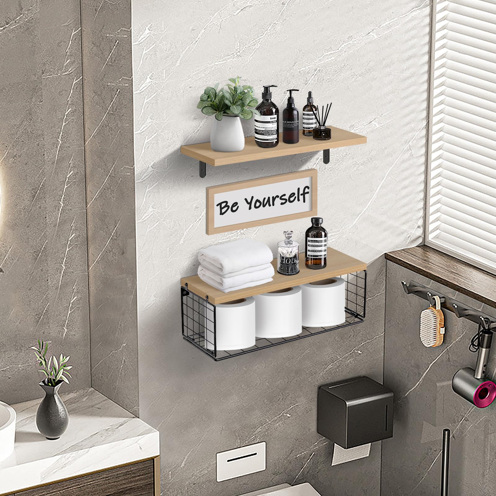 KOROI Bathroom Shelves Over Toilet,Floating Shelves Wall Mounted with Storage Basket,Wall Shelves for Bathroom,Bedroom,Living Room (Light Brown)